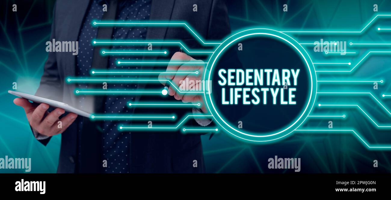 Text caption presenting Sedentary Lifestyle, Concept meaning ways and ...
