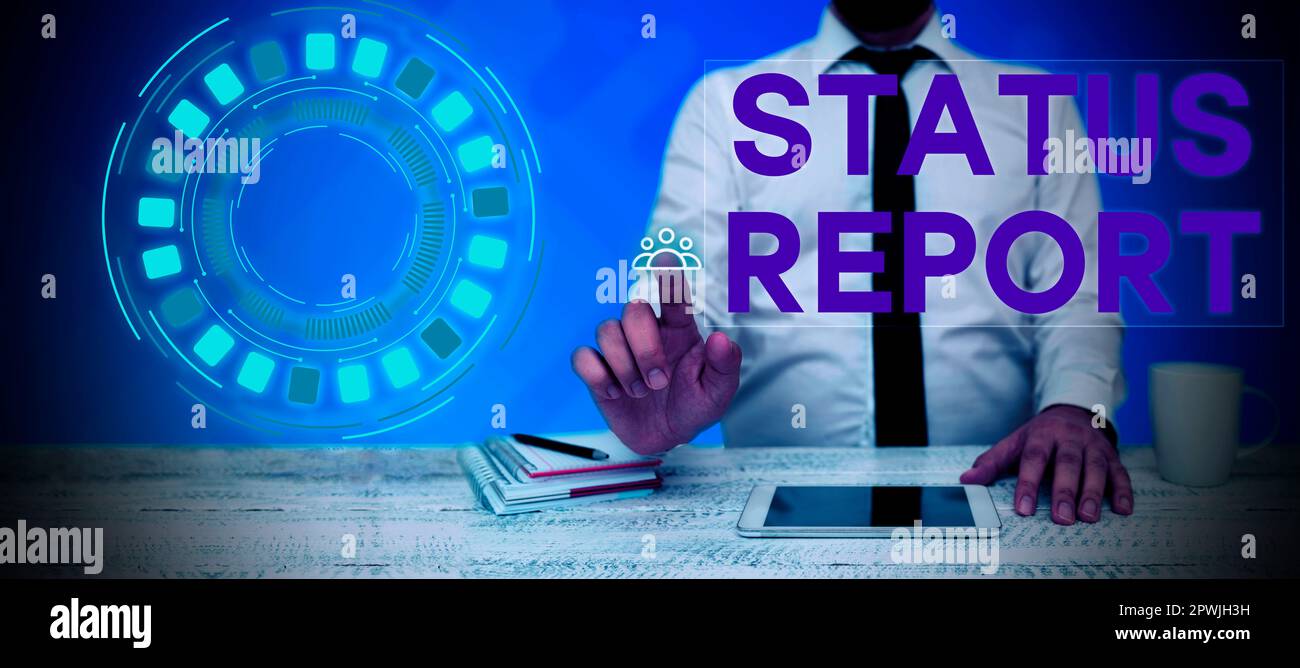 Hand writing sign Status Report, Word Written on Update Summary of ...