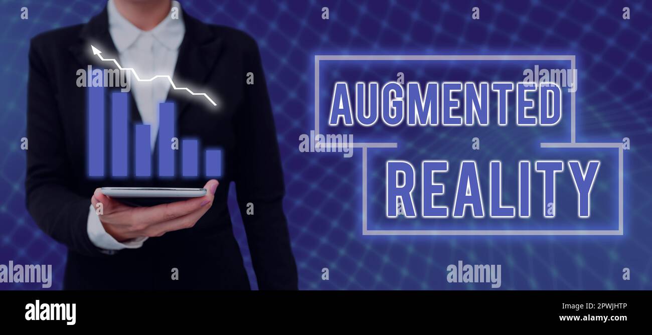 Hand writing sign Augmented Reality, Word for technology that imposes ...