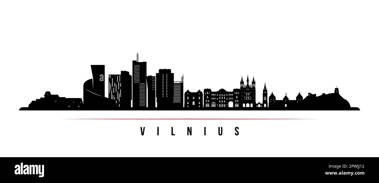 Vilnius skyline horizontal banner. Black and white silhouette of ...