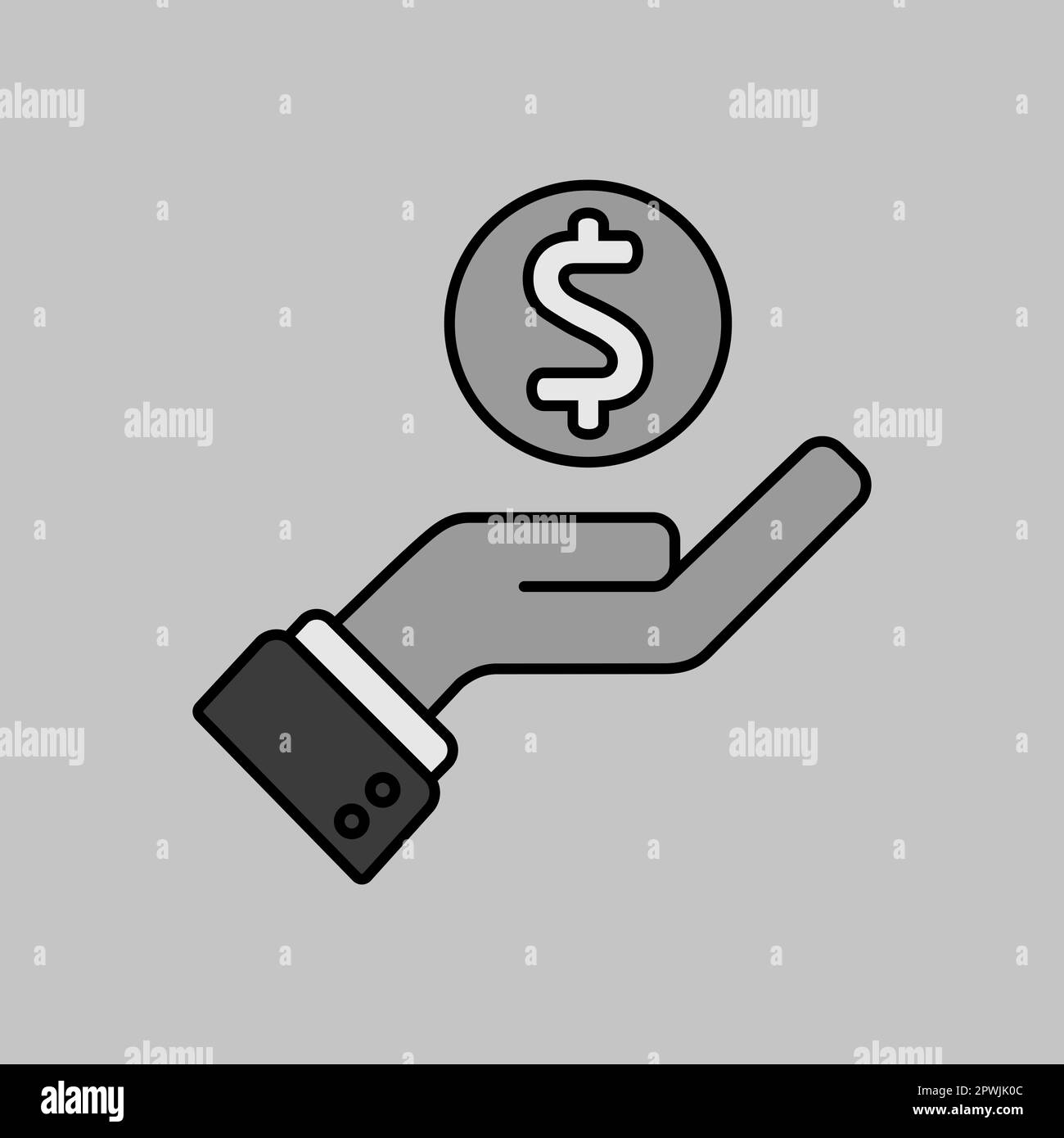 Pictograph of money in hand grayscale icon vector. Finances sign. Graph ...
