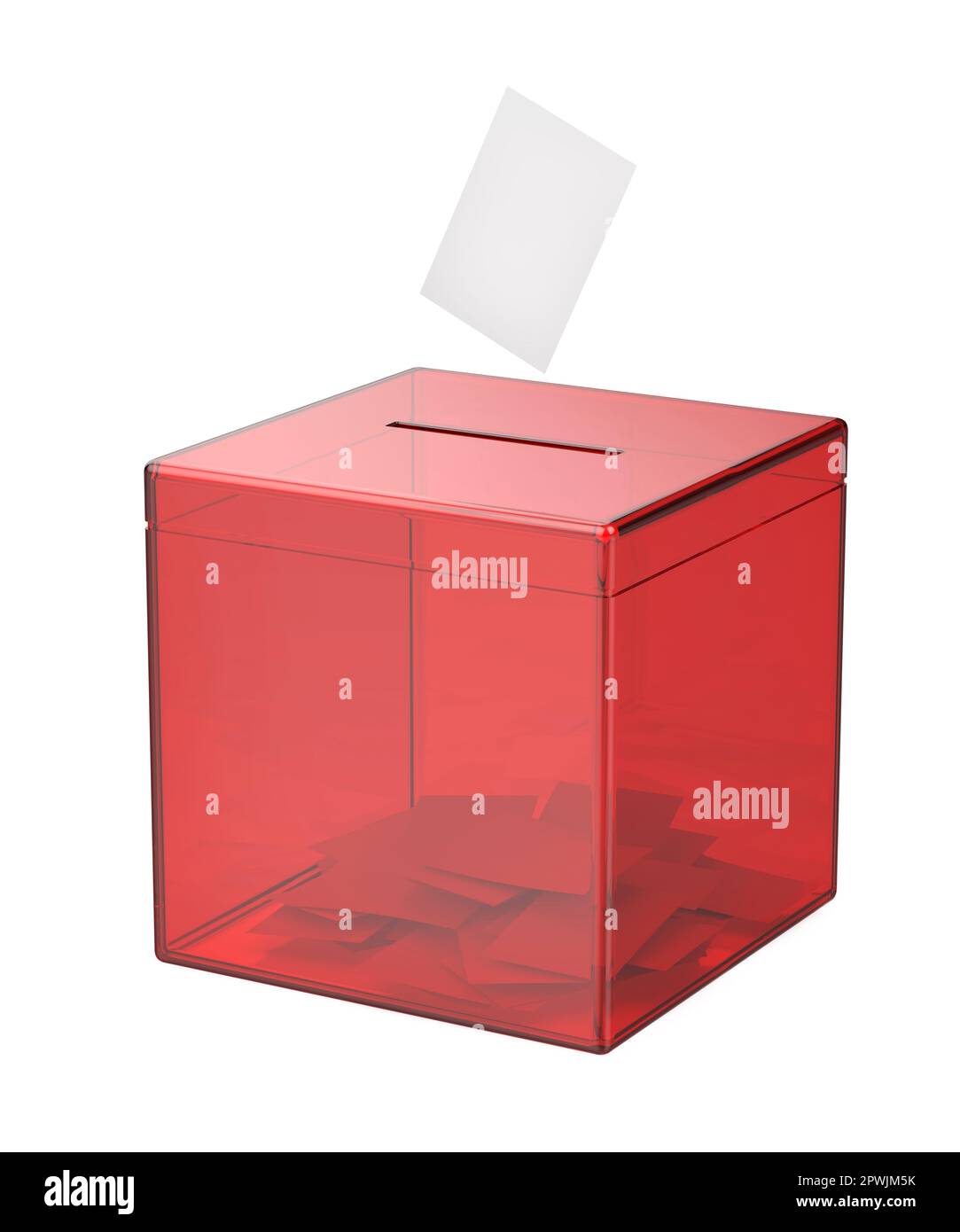 Red transparent ballot box with voting paper on white background Stock ...