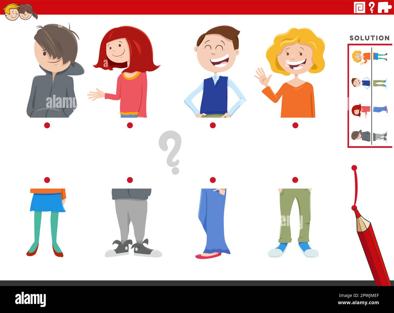 Cartoon illustration of educational game of matching halves of pictures ...