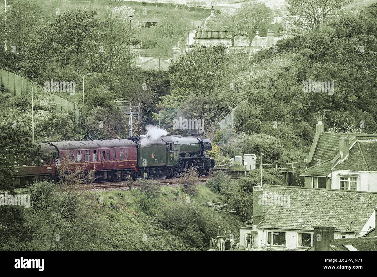 Photo illustration with colour fade effect The Flying Scotsman on its ...