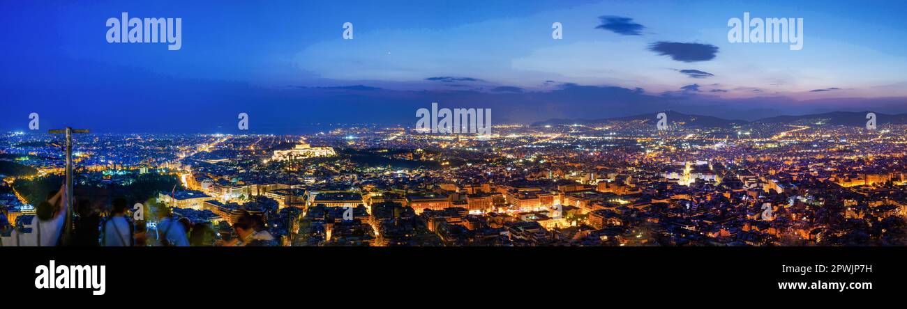 Panorama of night Great city Athens - Greek capital with Acropolis and ...