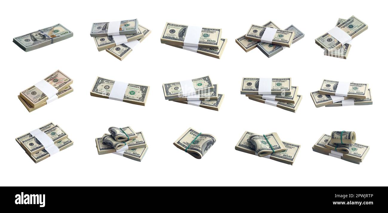 Big set of bundles of US dollar bills isolated on white. Collage with ...