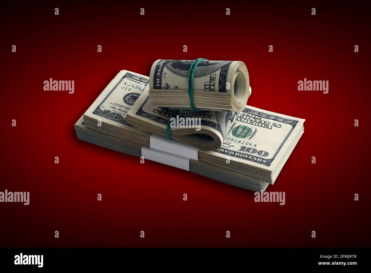 Bundle of US dollar bills on crimson red background. Pack of american ...