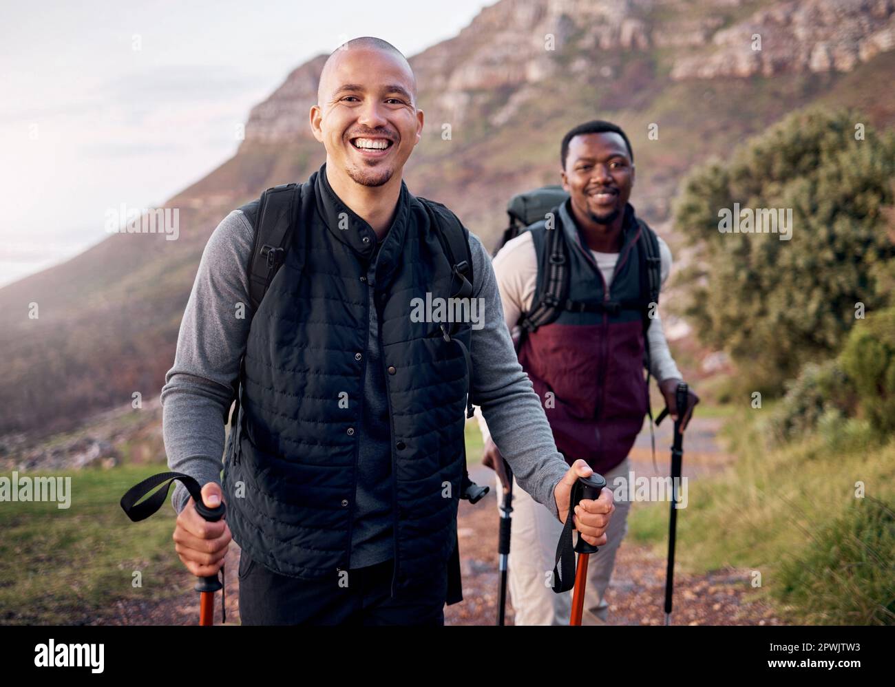 Happy hikers. Cropped portrait of two handsome young men hiking in the ...