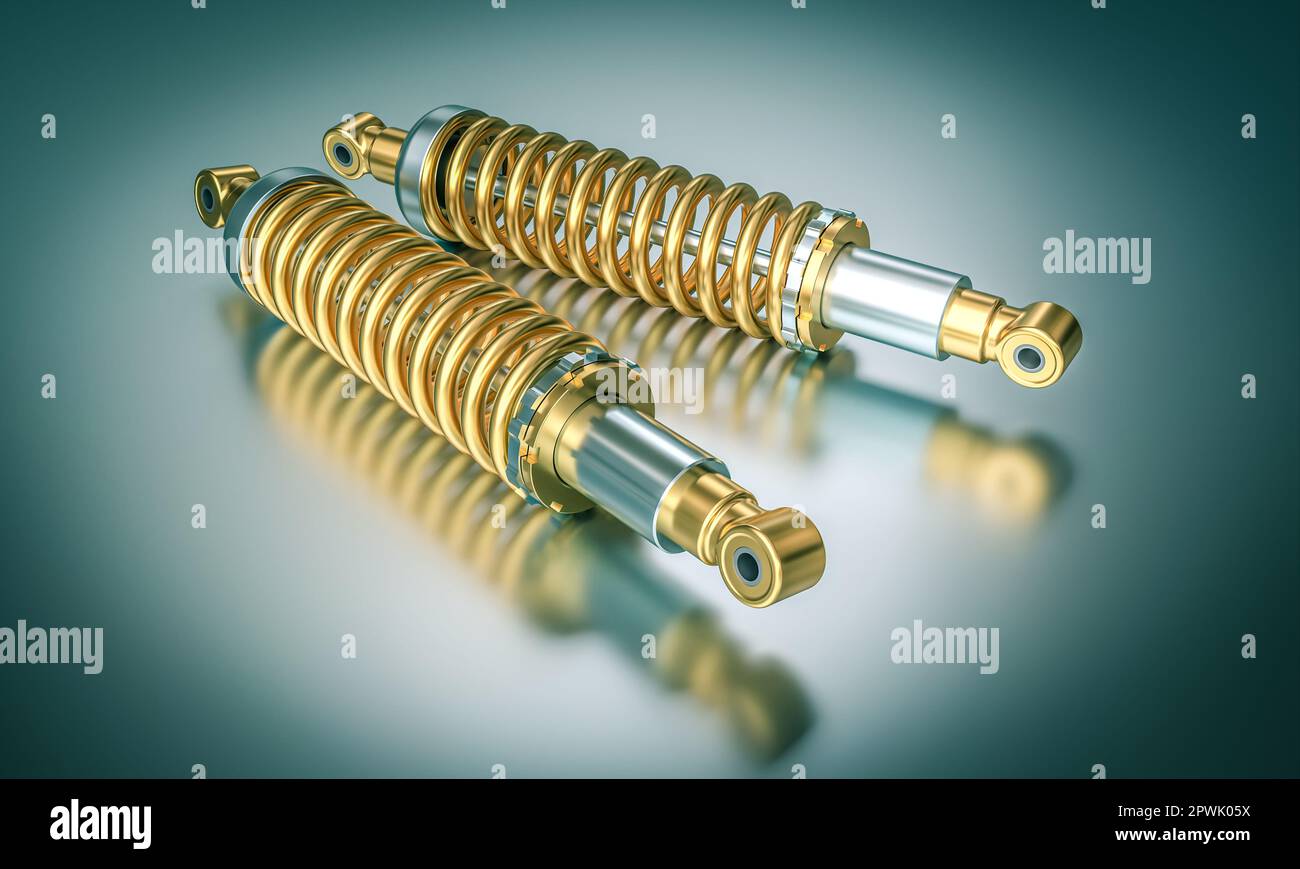 car shock absorbers with gold spring. 3d render Stock Photo - Alamy