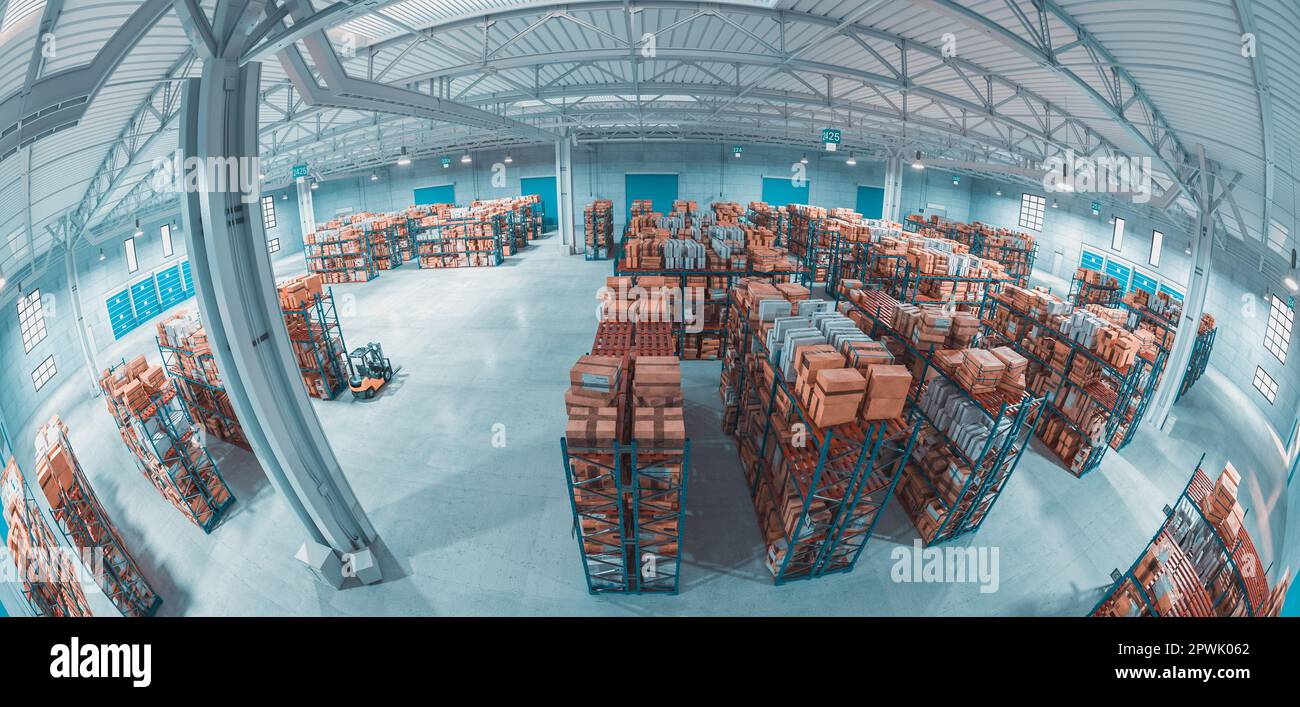 fish eye view of a warehouse interior. 3d render Stock Photo - Alamy