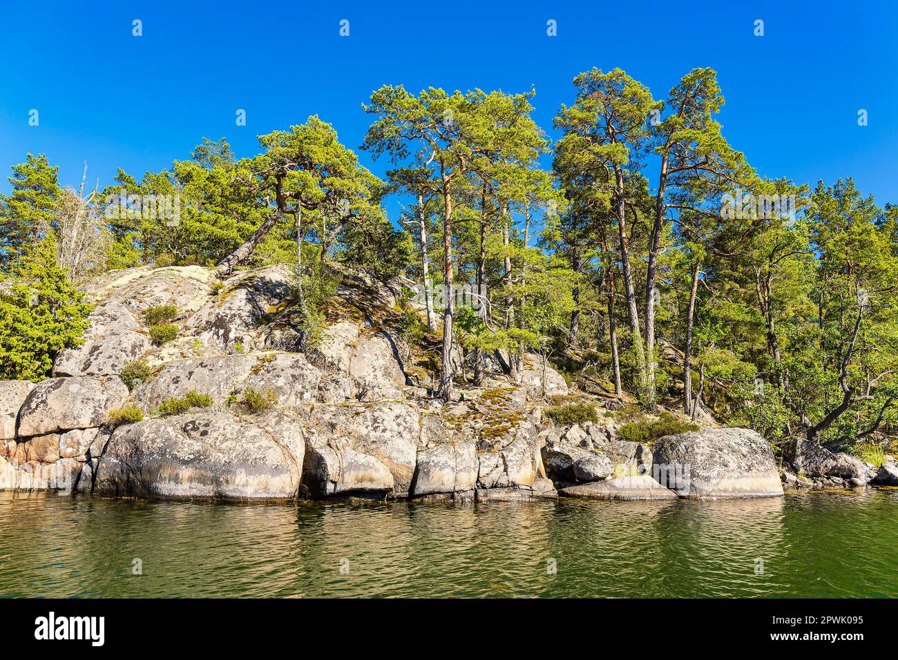 Landscape with rocks and trees on an island near Västervik in Sweden ...