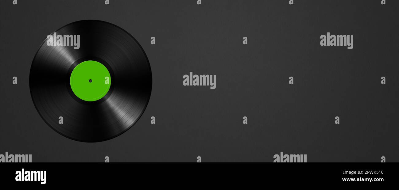 Green vinyl record isolated on black background. Horizontal banner. 3D ...
