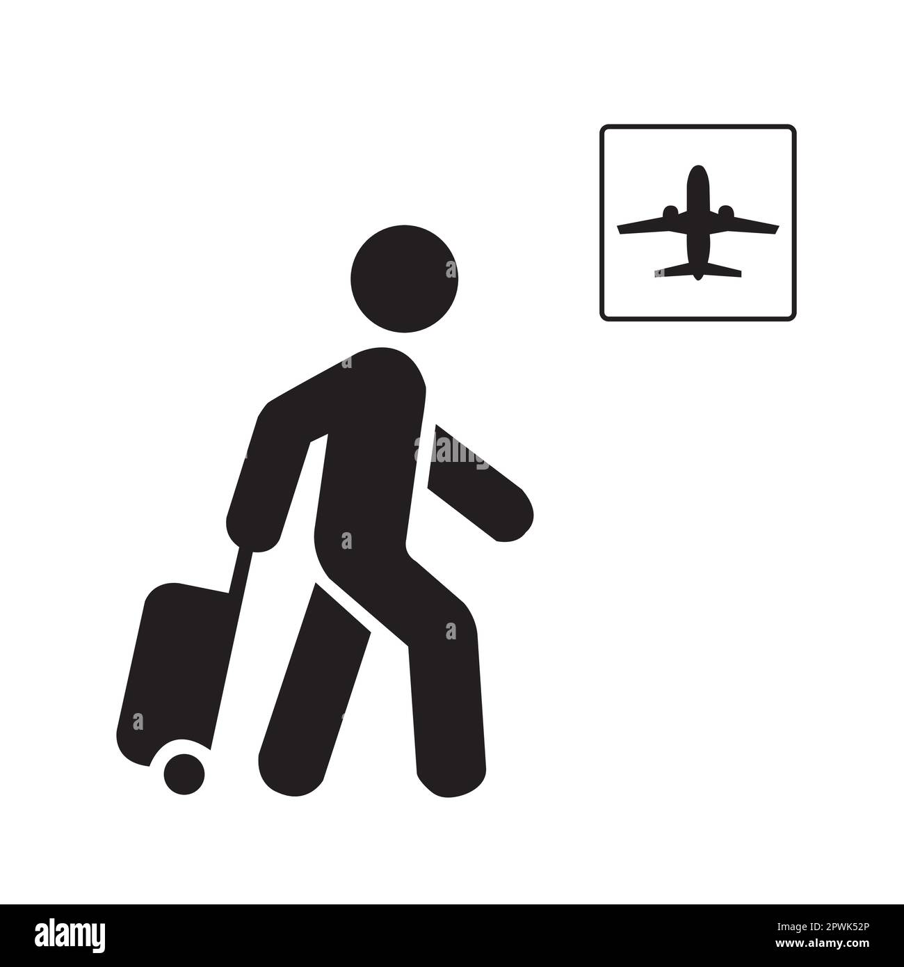 Man with a bag and departures sign on a white background with copy ...