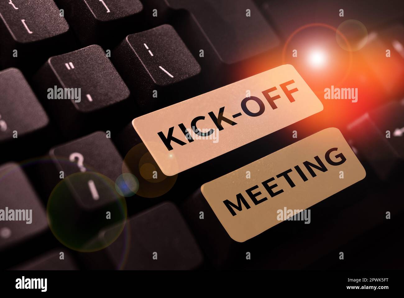 Hand writing sign Kick Off Meeting, Internet Concept first meeting with ...