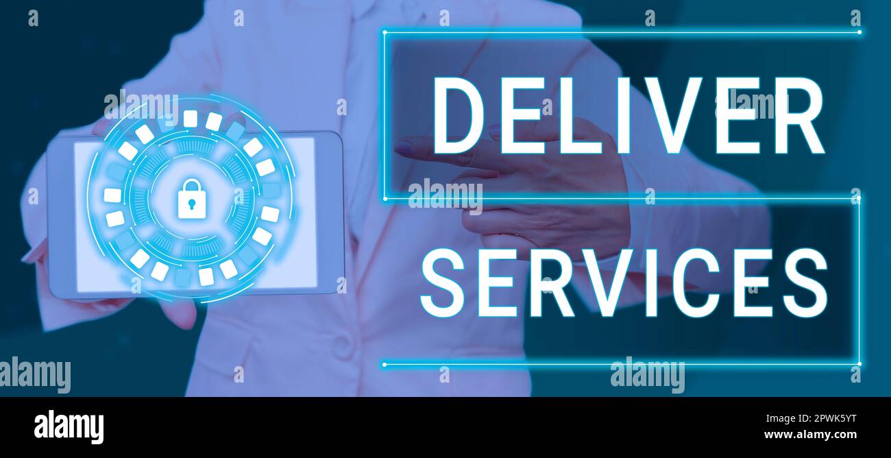Text caption presenting Deliver Services, Word Written on the act of ...