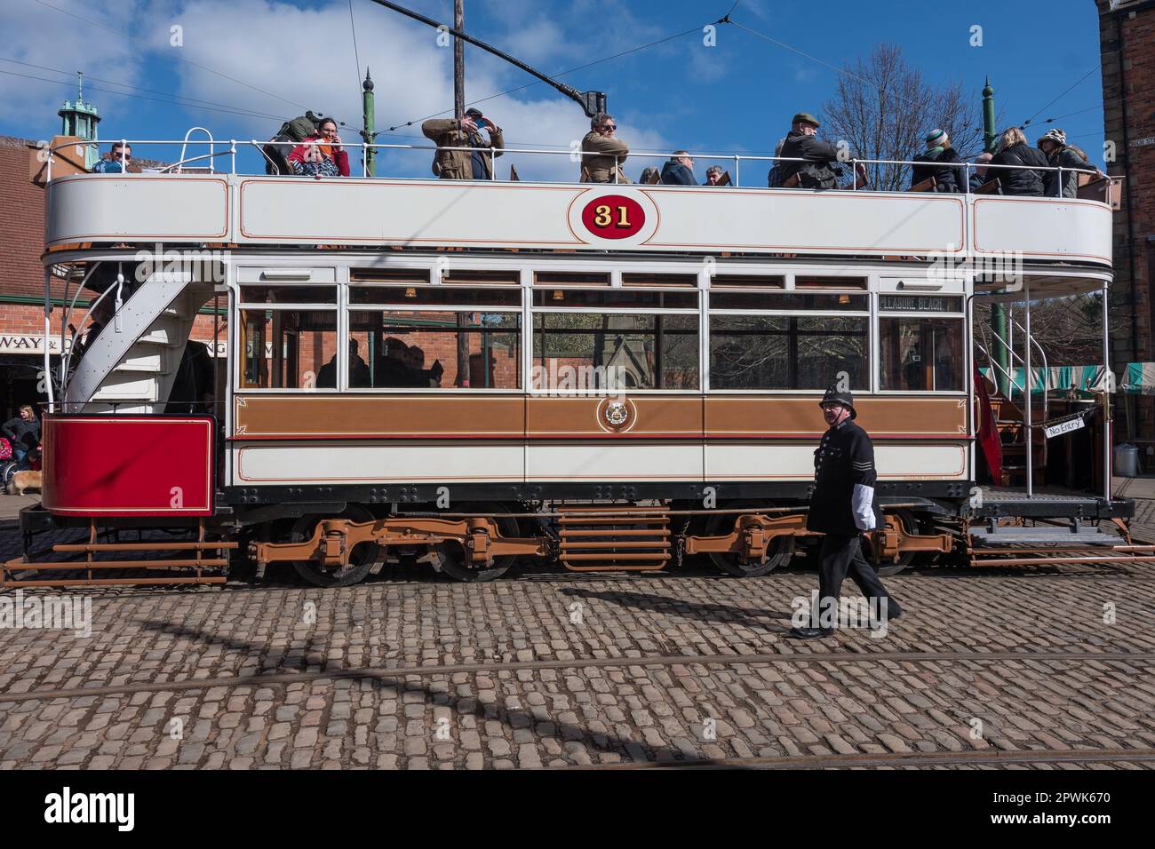 A vintage double decker tram car. Pictured at Beamish Living Museum ...