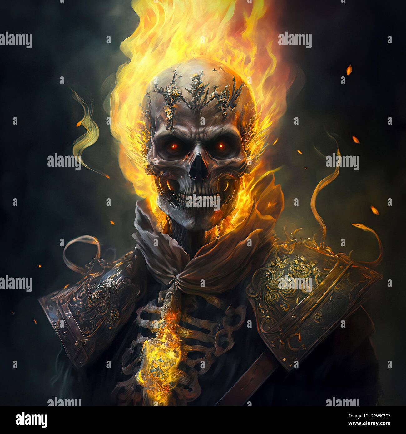 A Smiling Burning Skeleton with Glowing Eyes and Dressed in Armor Stock ...