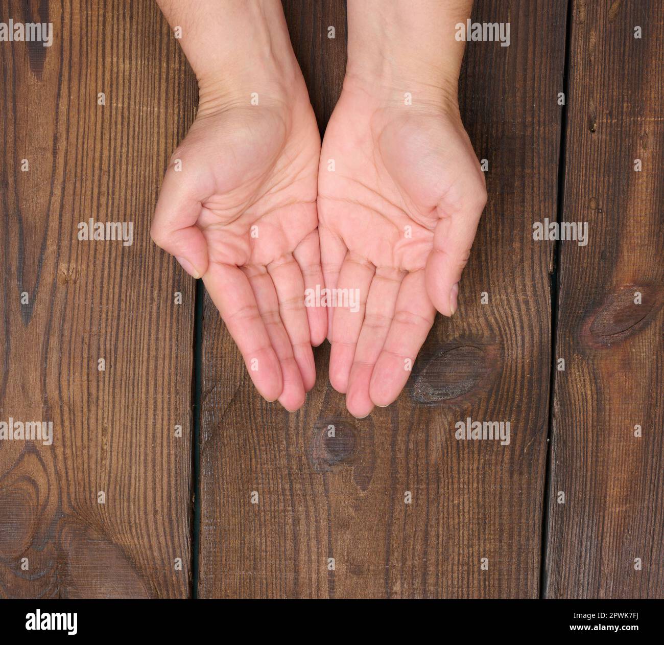 Two female hands on a brown background. Empty palms open, top view ...