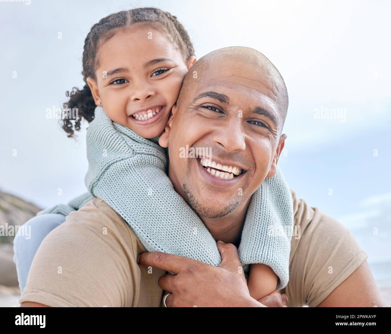 Happy, father and child hug with smile for family quality bonding time ...