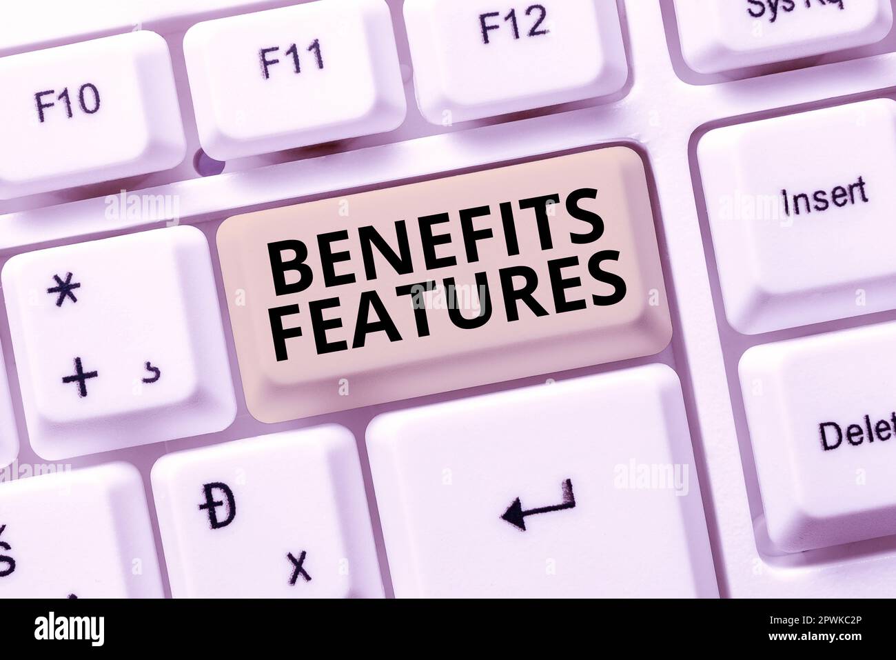 Hand writing sign Benefits Features, Business overview Making a product ...