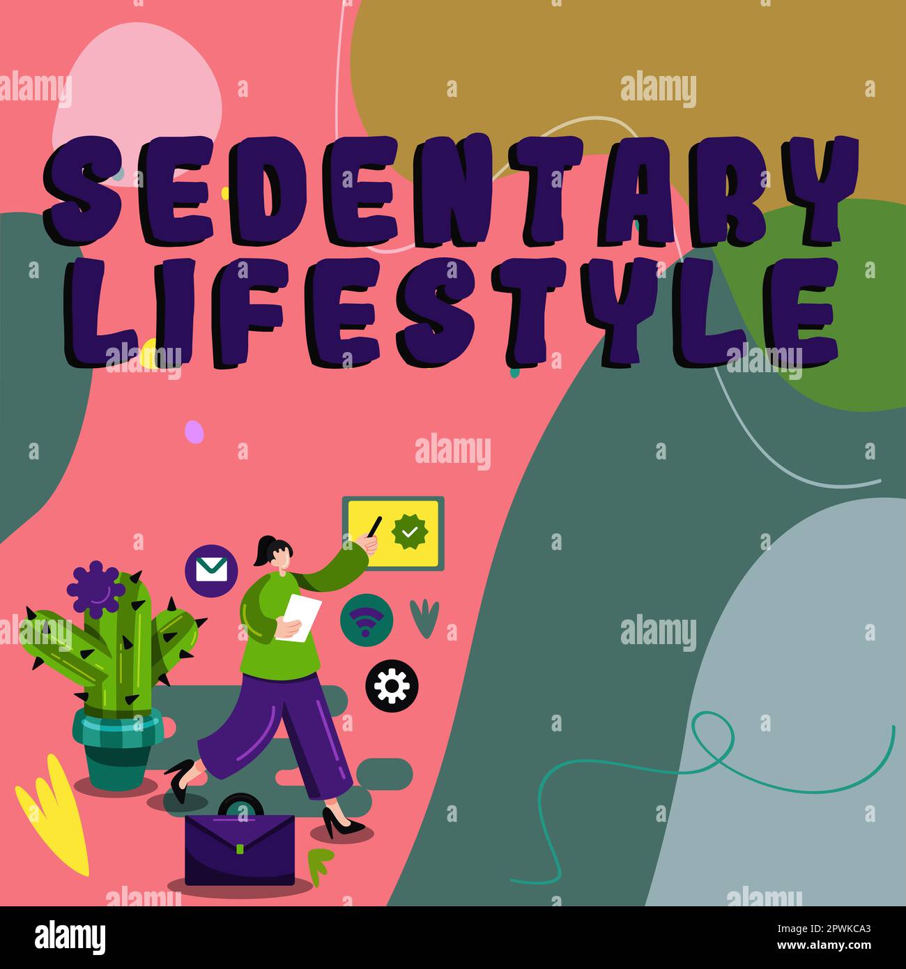 Text caption presenting Sedentary Lifestyle, Word Written on ways and ...