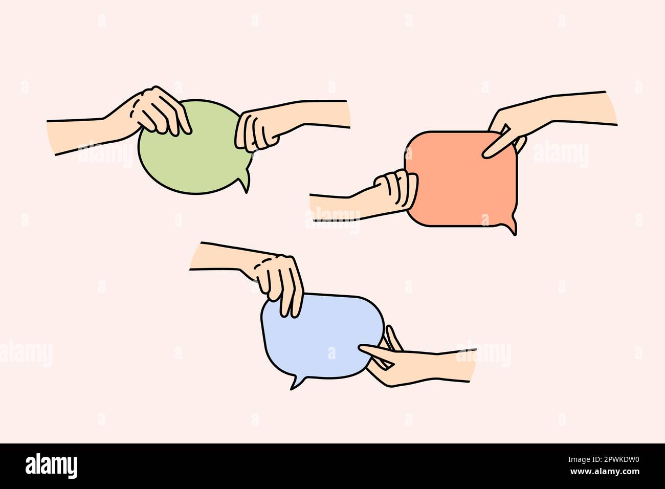 Diverse people hands holding speech bubbles for online communication or ...