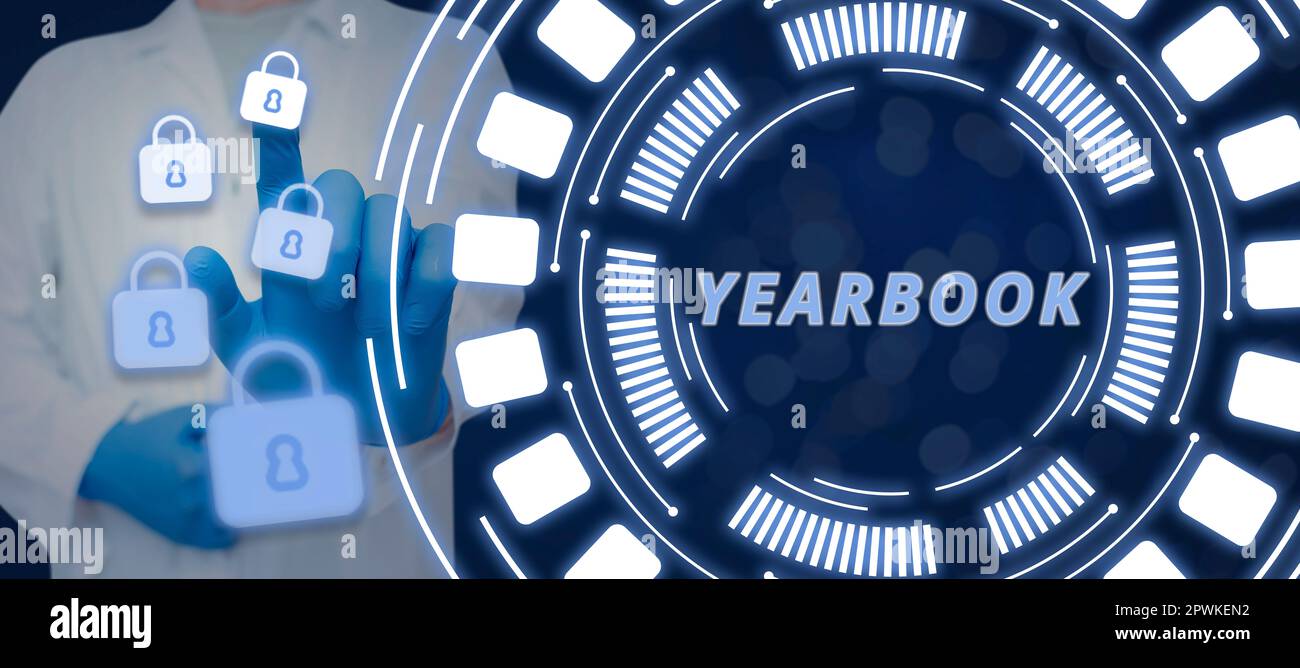 Hand writing sign Yearbook, Word for publication compiled by graduating ...