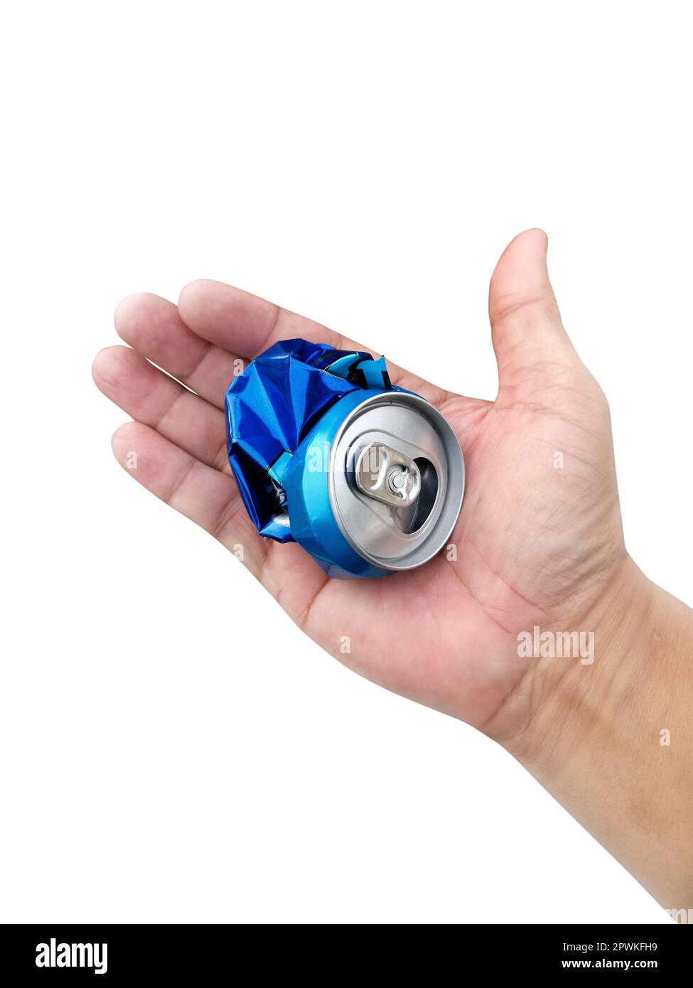 Compressed cans in hand isolated on white background Stock Photo - Alamy