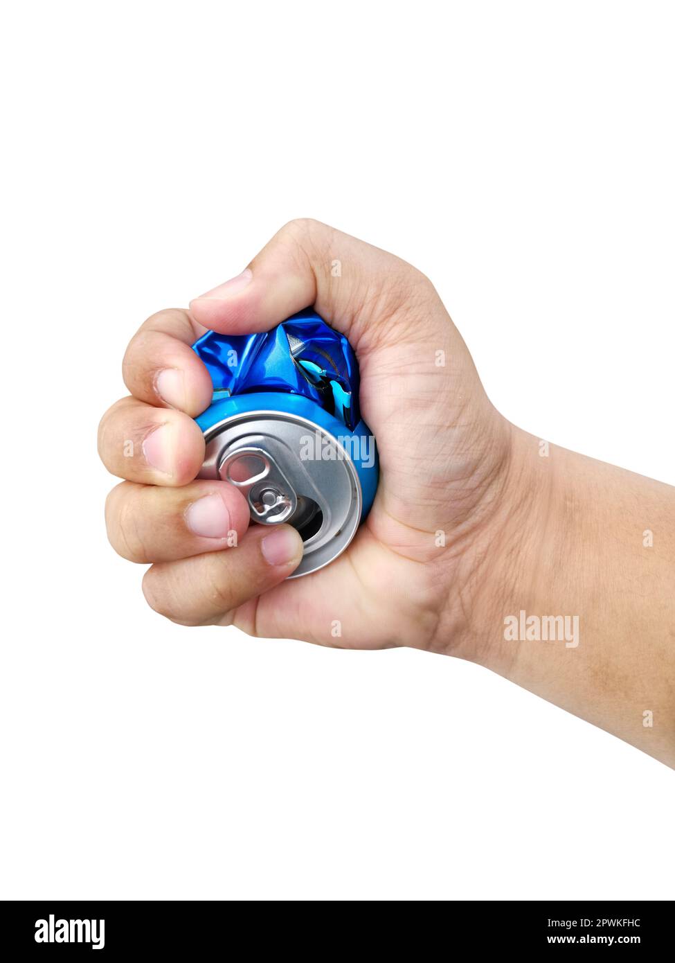 Compressed cans in hand isolated on white background Stock Photo - Alamy