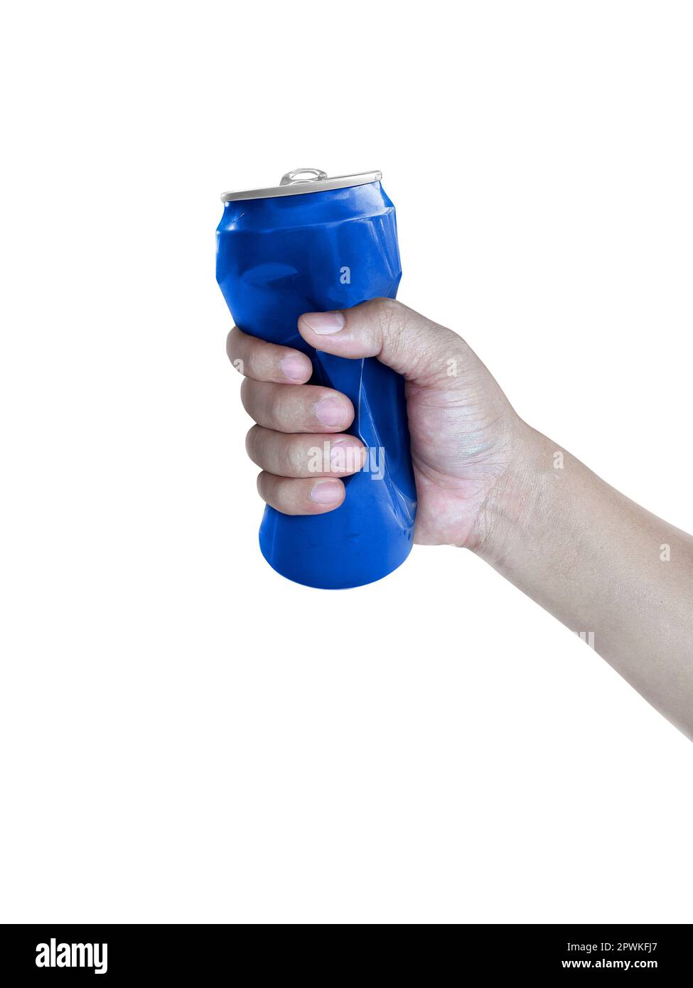 Compressed cans in hand isolated on white background Stock Photo - Alamy