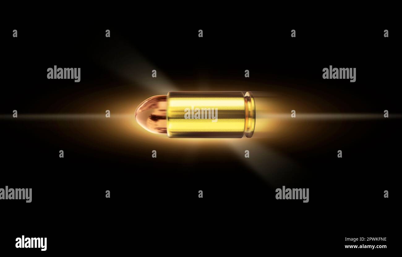 Moving Gun Bullet Shot and fire sparkles. on black background. 3d ...