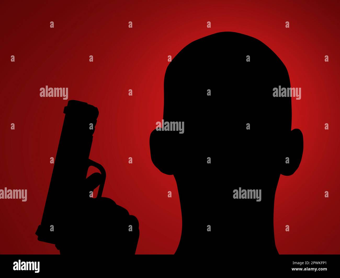 Silhouette of a man with gun pointing to Young man with a shaved head ...