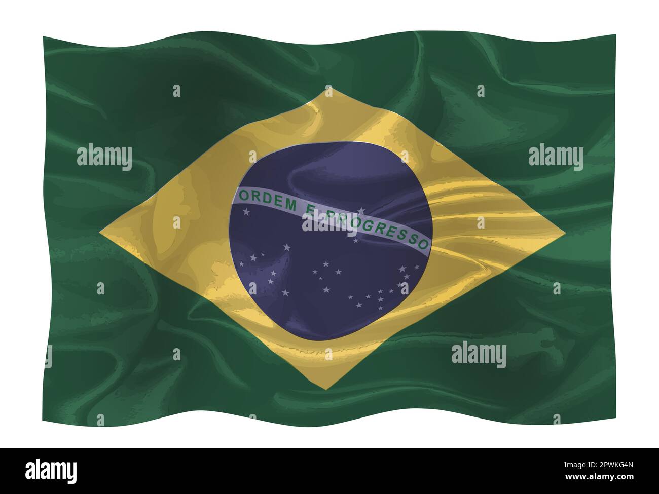 The flag of Brazil with silk effect fluttering on a white background ...