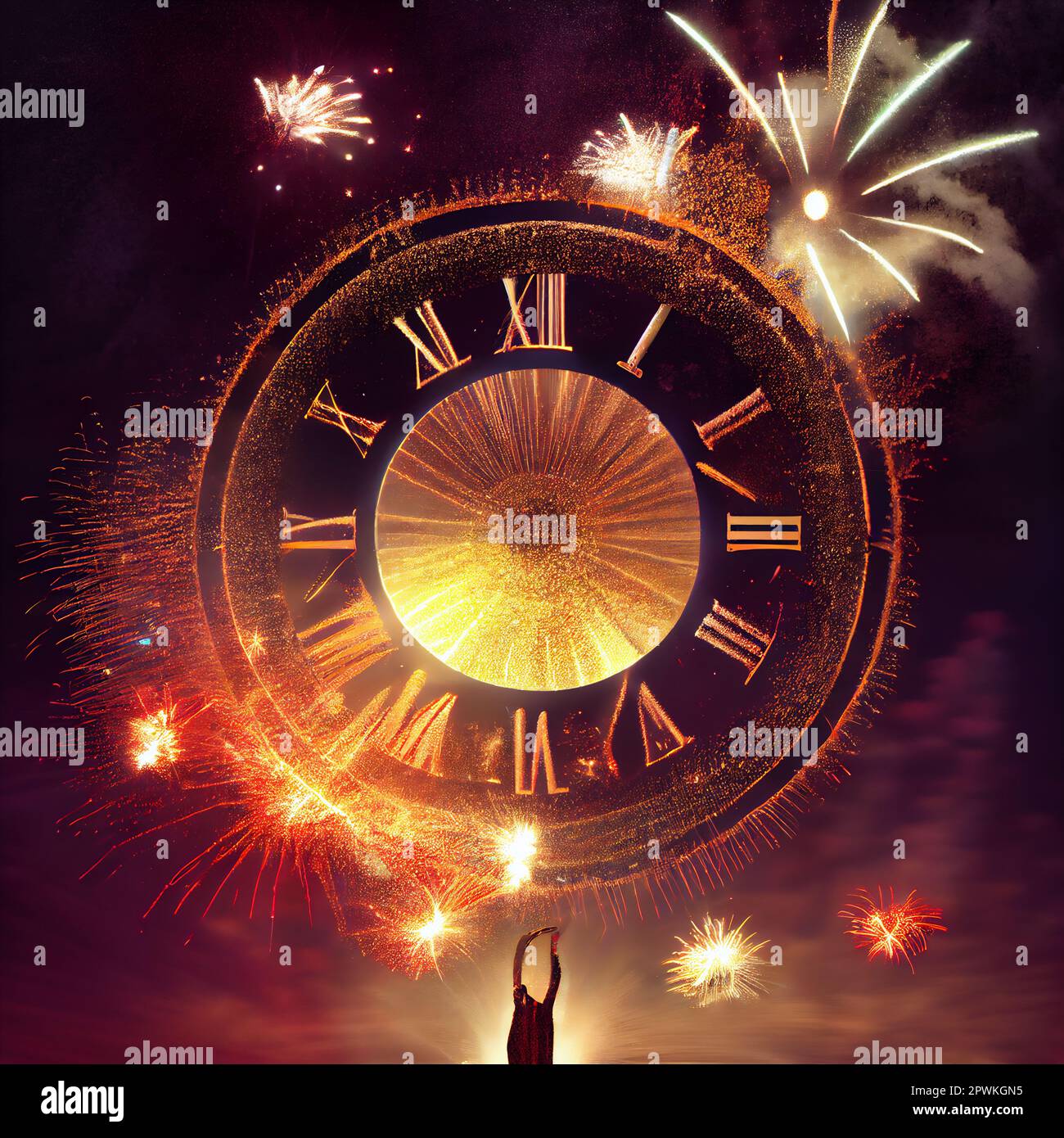 Retro clock, fireworks and lights. New Year's holiday background ...