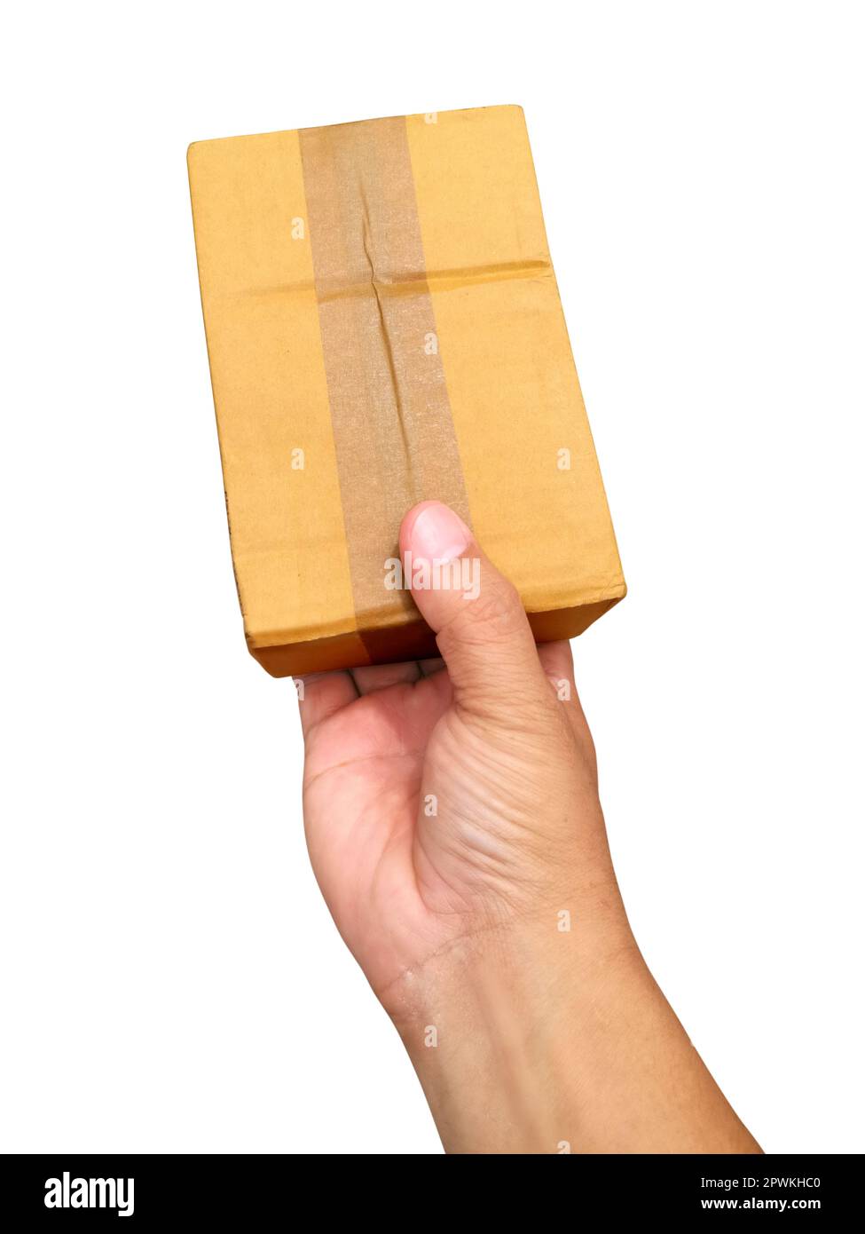 hand holding brown paper box package isolated on white background Stock ...