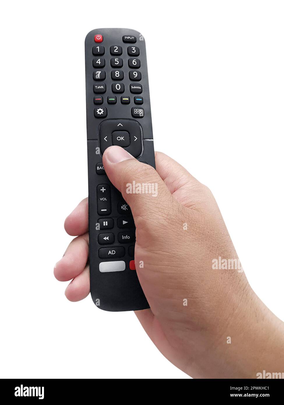 Hand pressing remote control isolated on white background Stock Photo ...