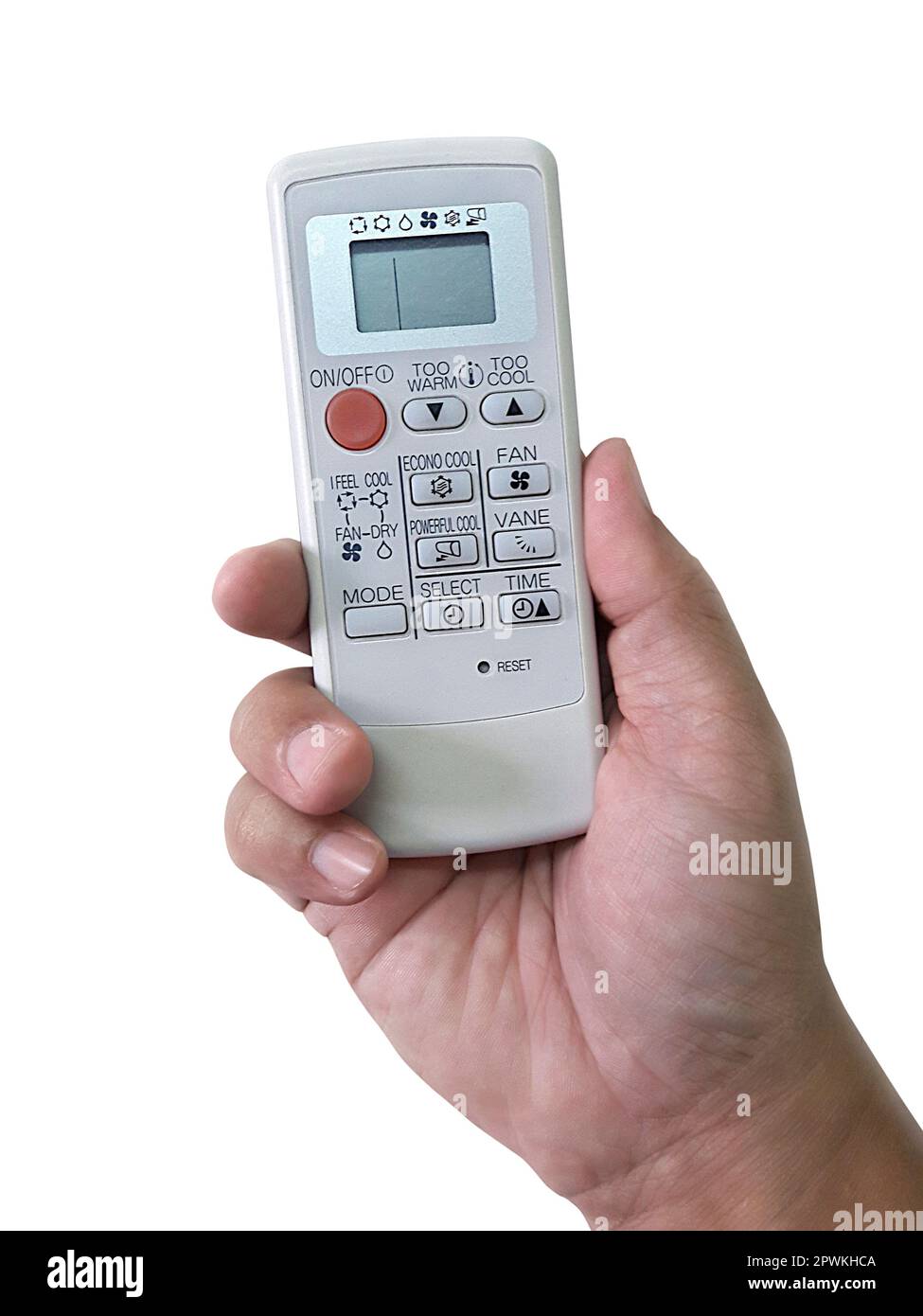 Hand is holding a remote control of air conditioner isolated on white ...