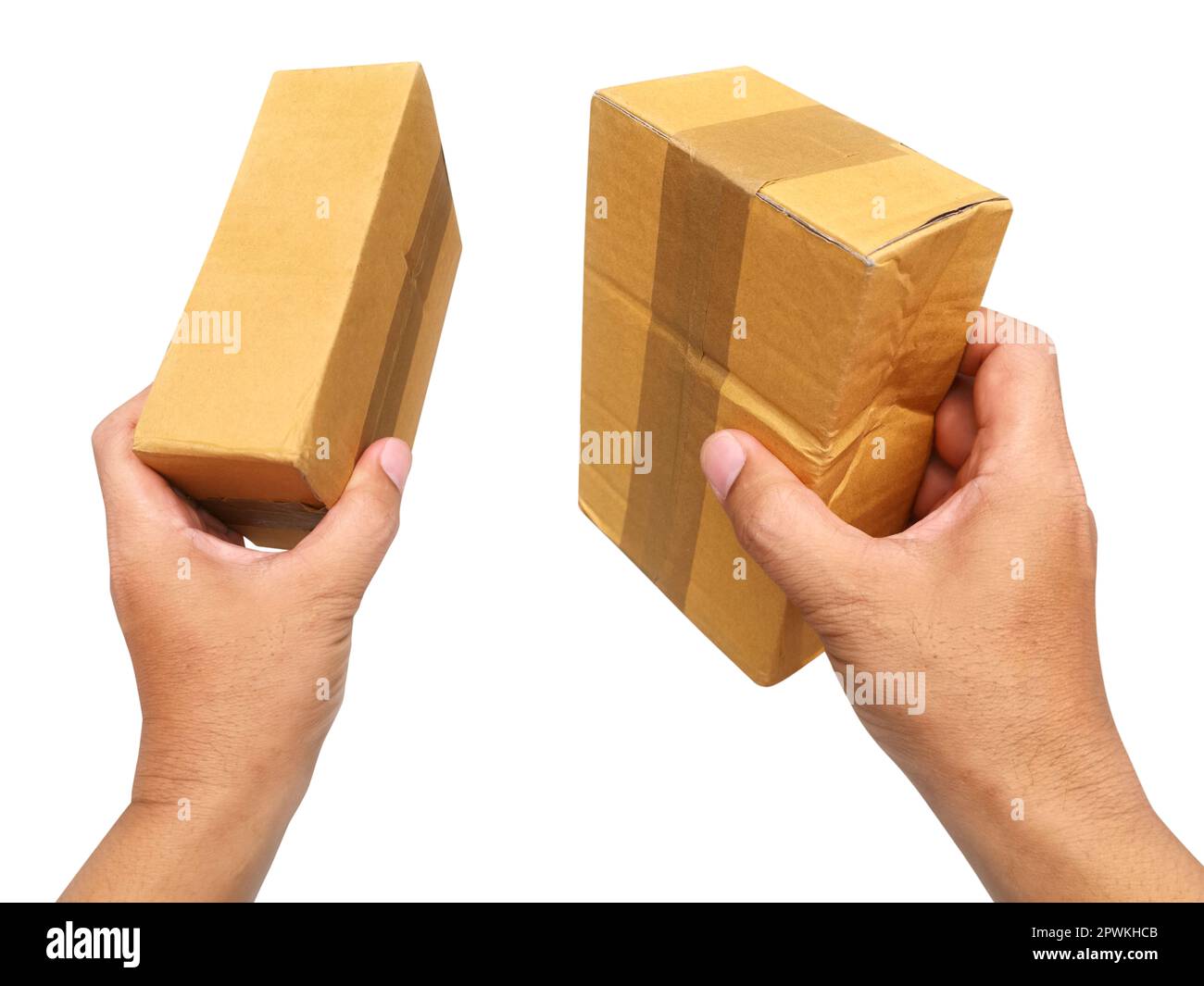 hand holding brown paper box package isolated on white background Stock ...