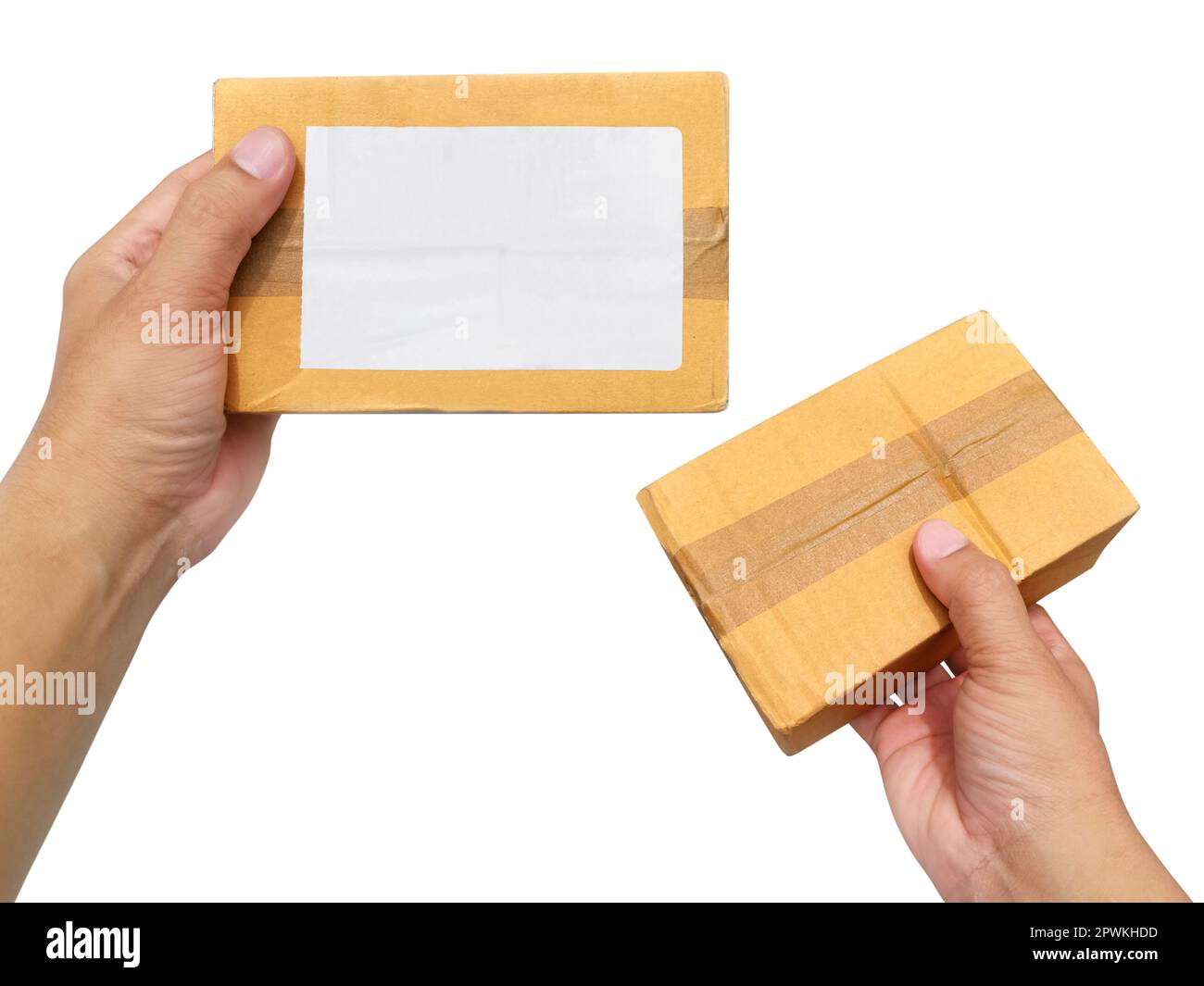 hand holding brown paper box package isolated on white background Stock ...