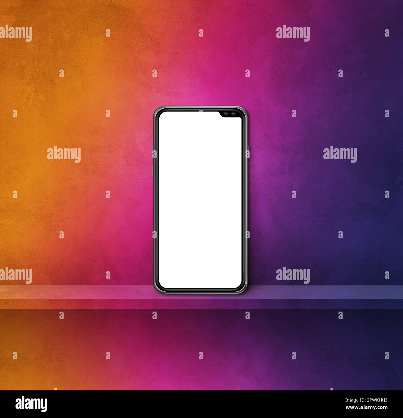 Mobile phone on rainbow wall shelf. Square background. 3D Illustration ...