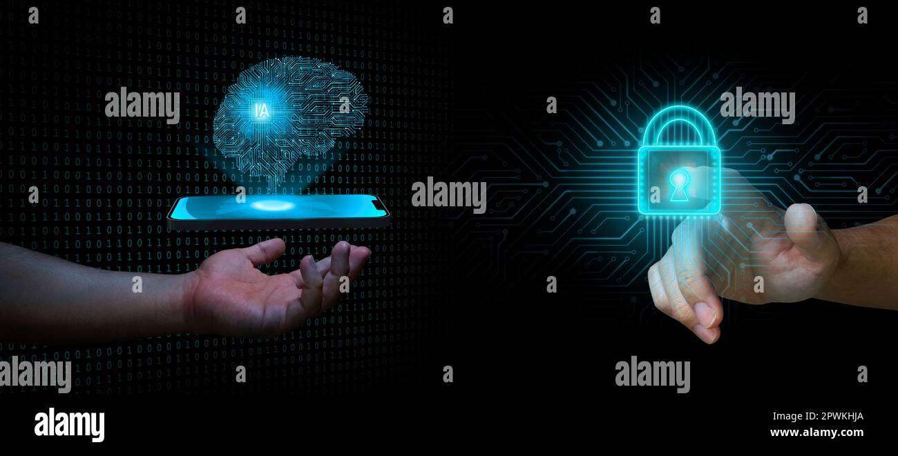 Businessman hand holding digital artificial intelligence (AI) and one ...