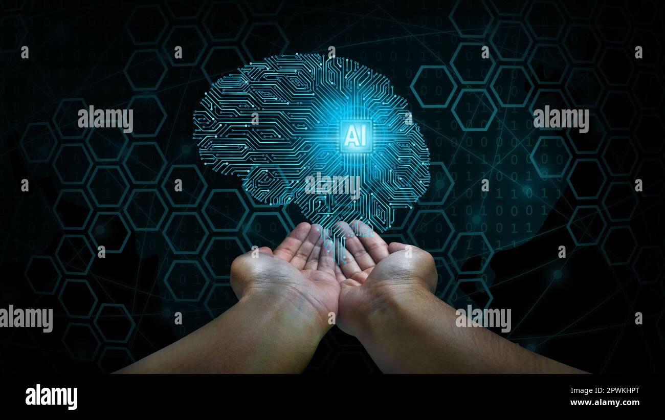 Businessman hand holding digital artificial intelligence (AI) icon on ...