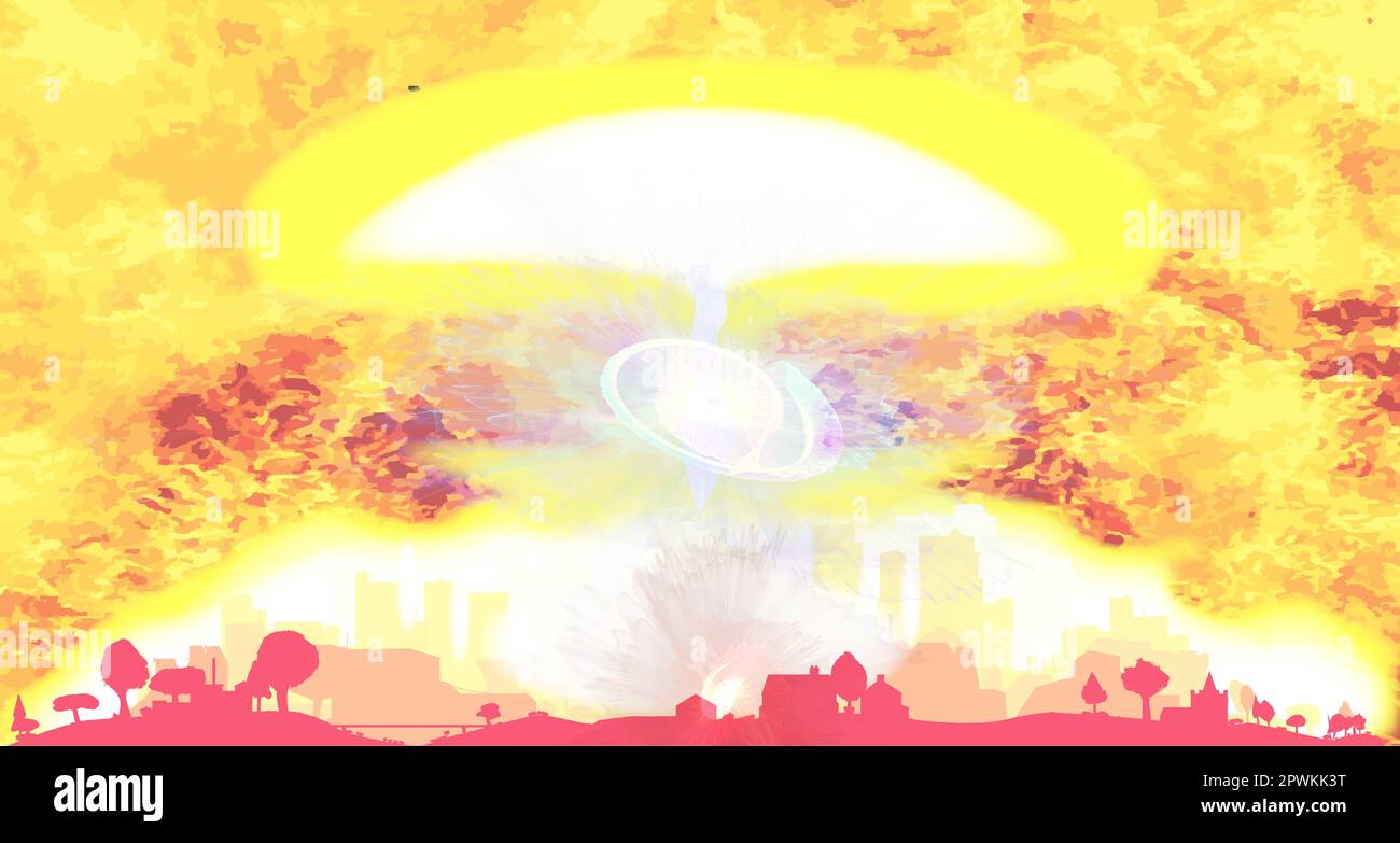 A hydrogen bomb war blast in a modern city with a flames as a ...