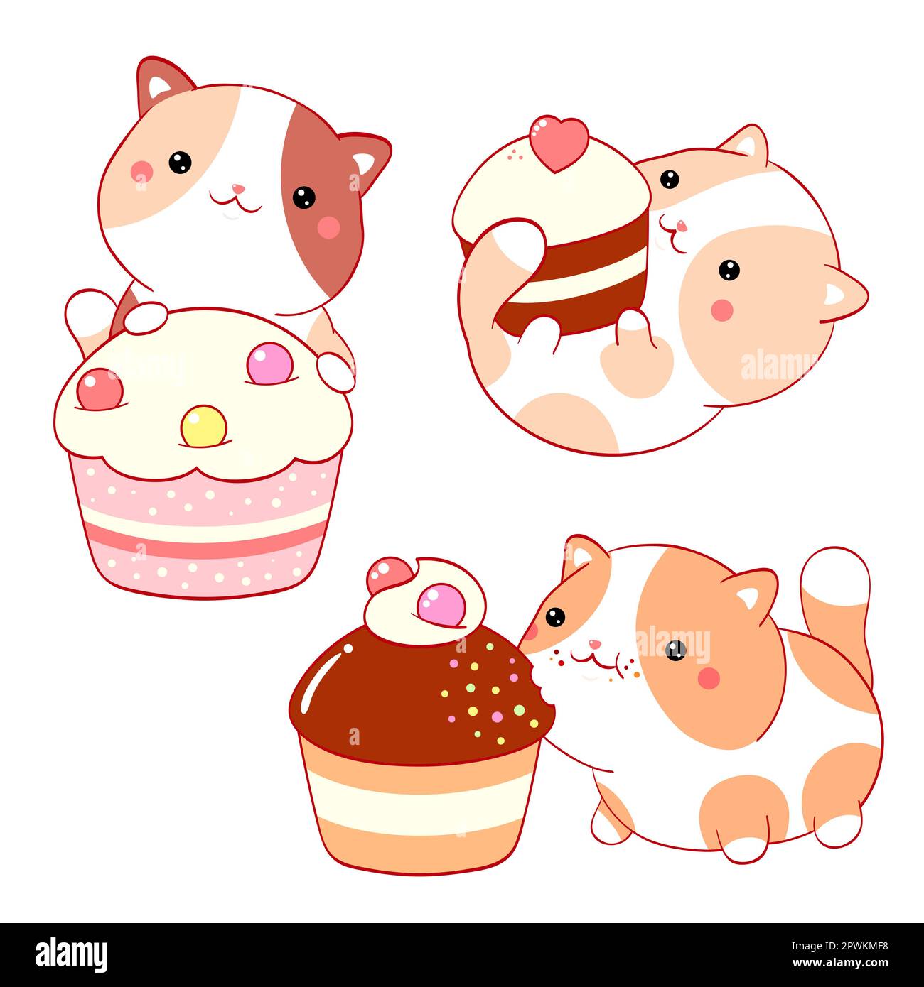 Set of little cats with desserts in kawaii style. Collection of cute ...