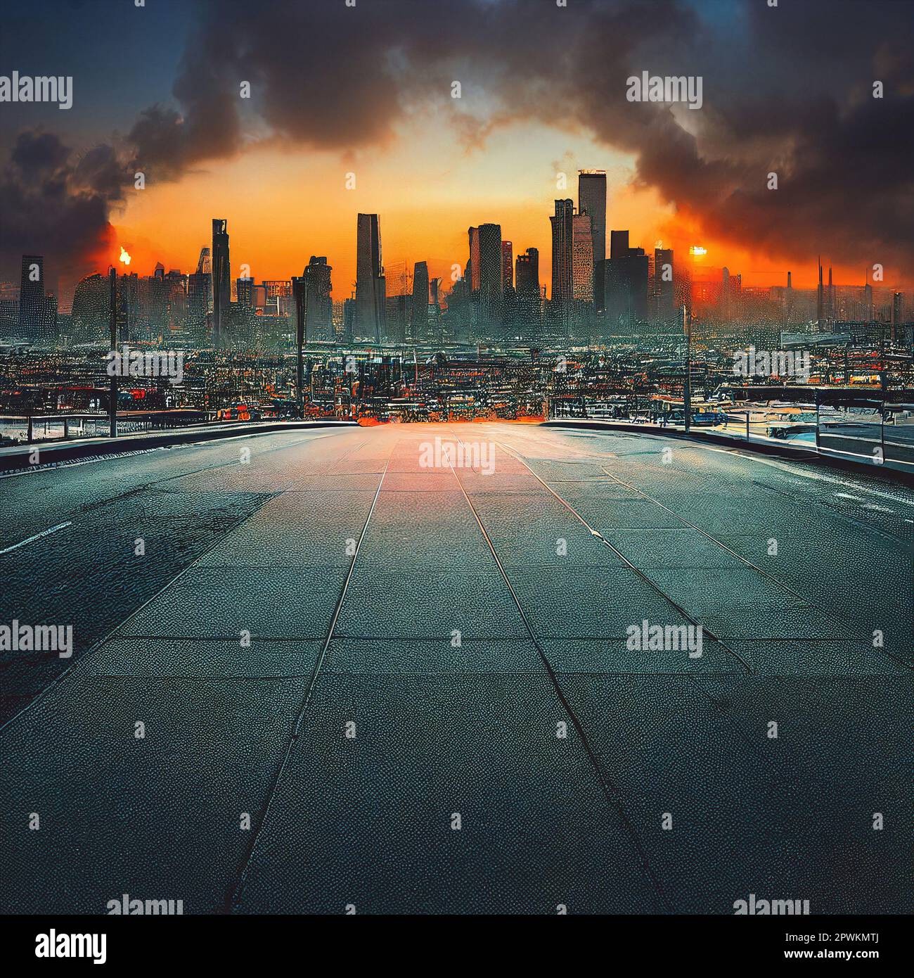 Environmental disaster and the smoke in modern city, 3D illustration ...