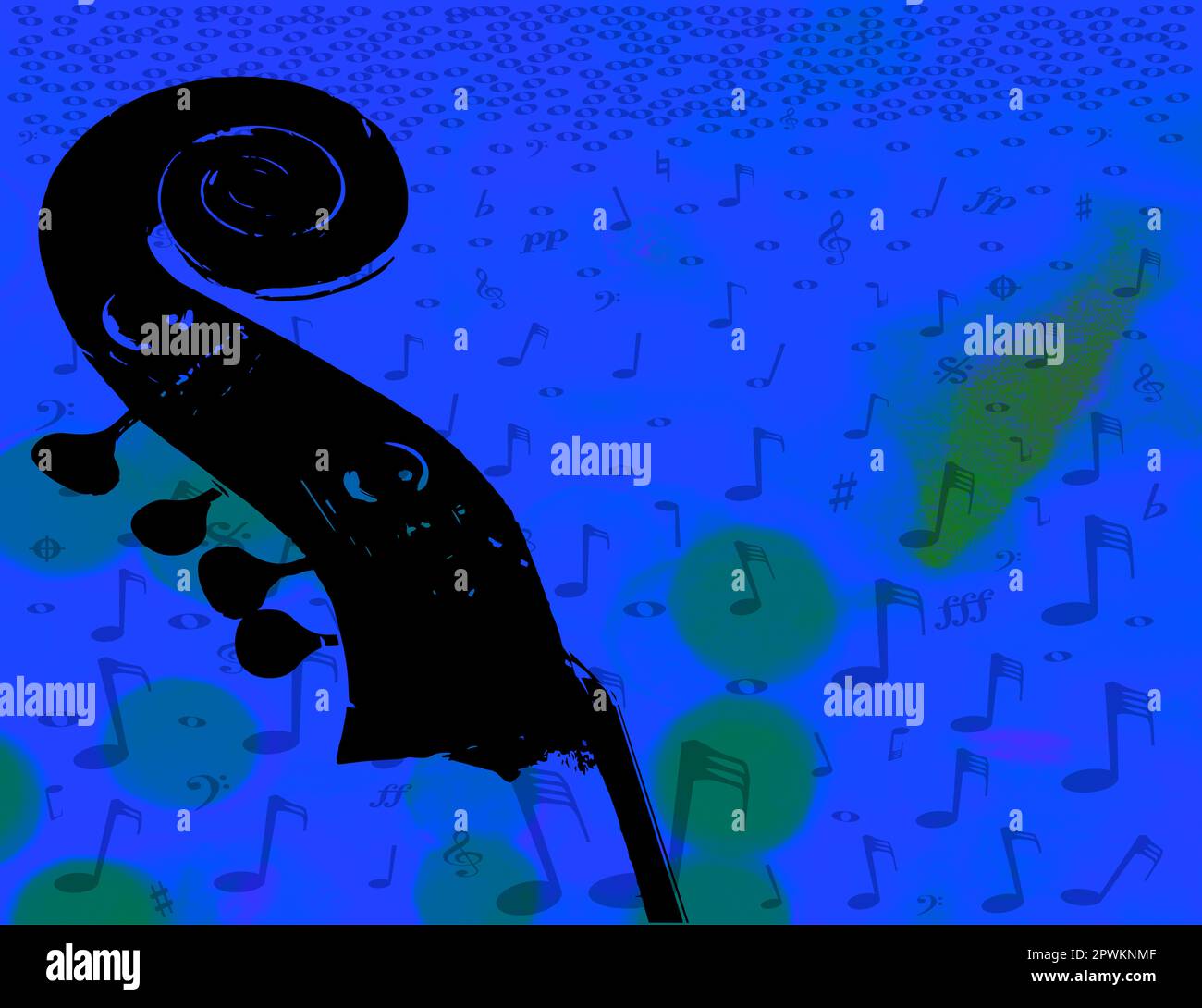 Double bass headstock and pegs over an abstract blue music notation ...