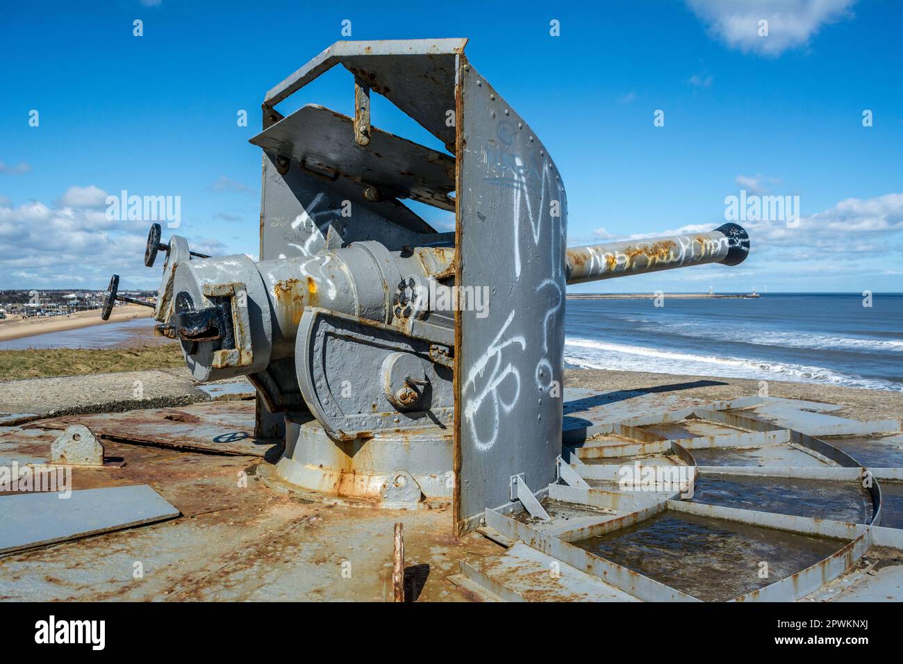 Coastal artillery piece at Trow Point near South Shields, North East ...
