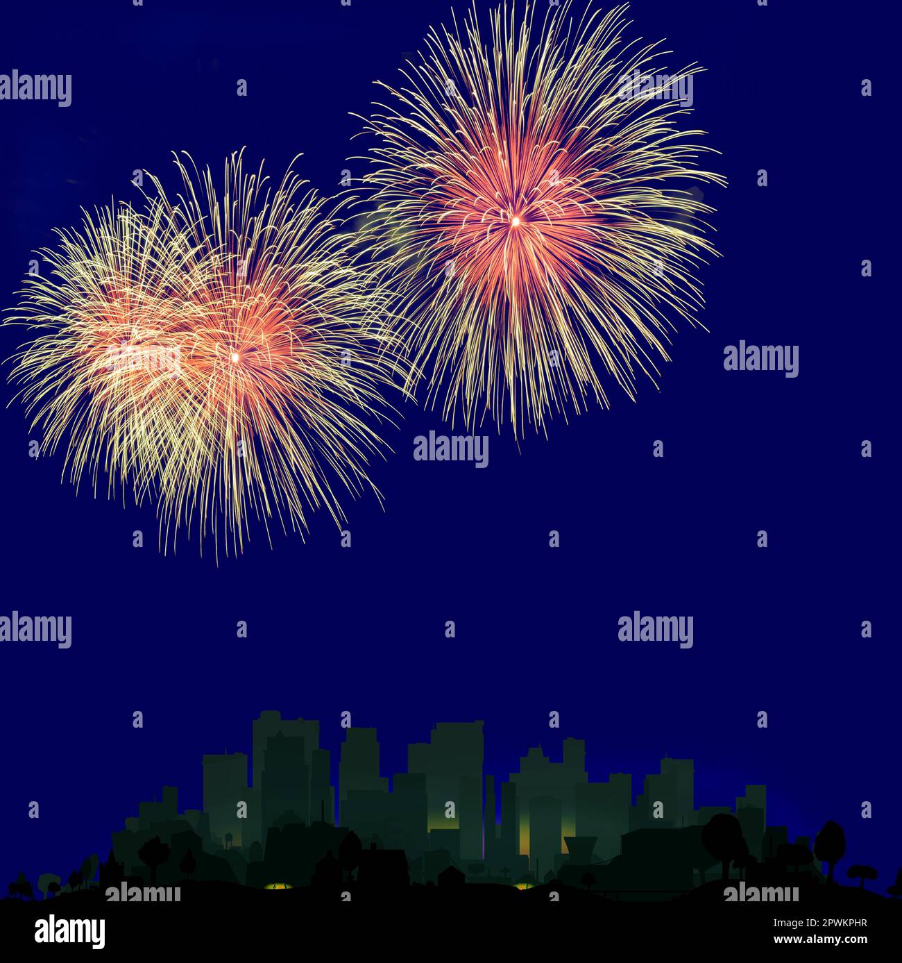 Sky rocket fireworks exploding over a dark night city at night Stock ...