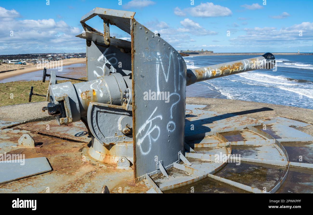 Coastal artillery piece at Trow Point near South Shields, North East ...