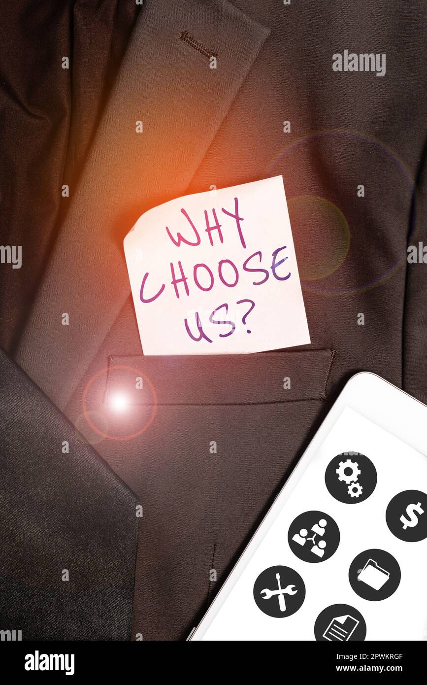 Hand writing sign Why Choose Us, Word Written on Reasons for choosing ...